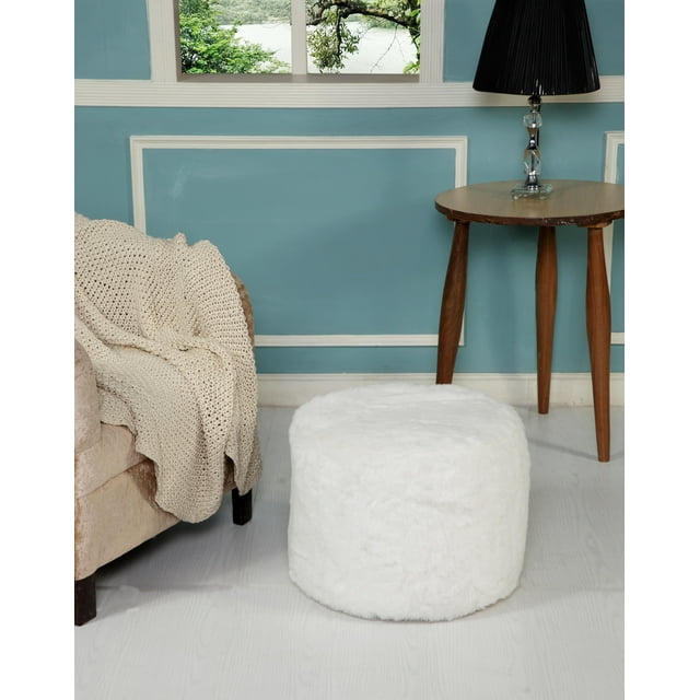 LR Home Fluffy Faux Fur White Polyester Indoor Pouf 18" x 14" - Walmart.com