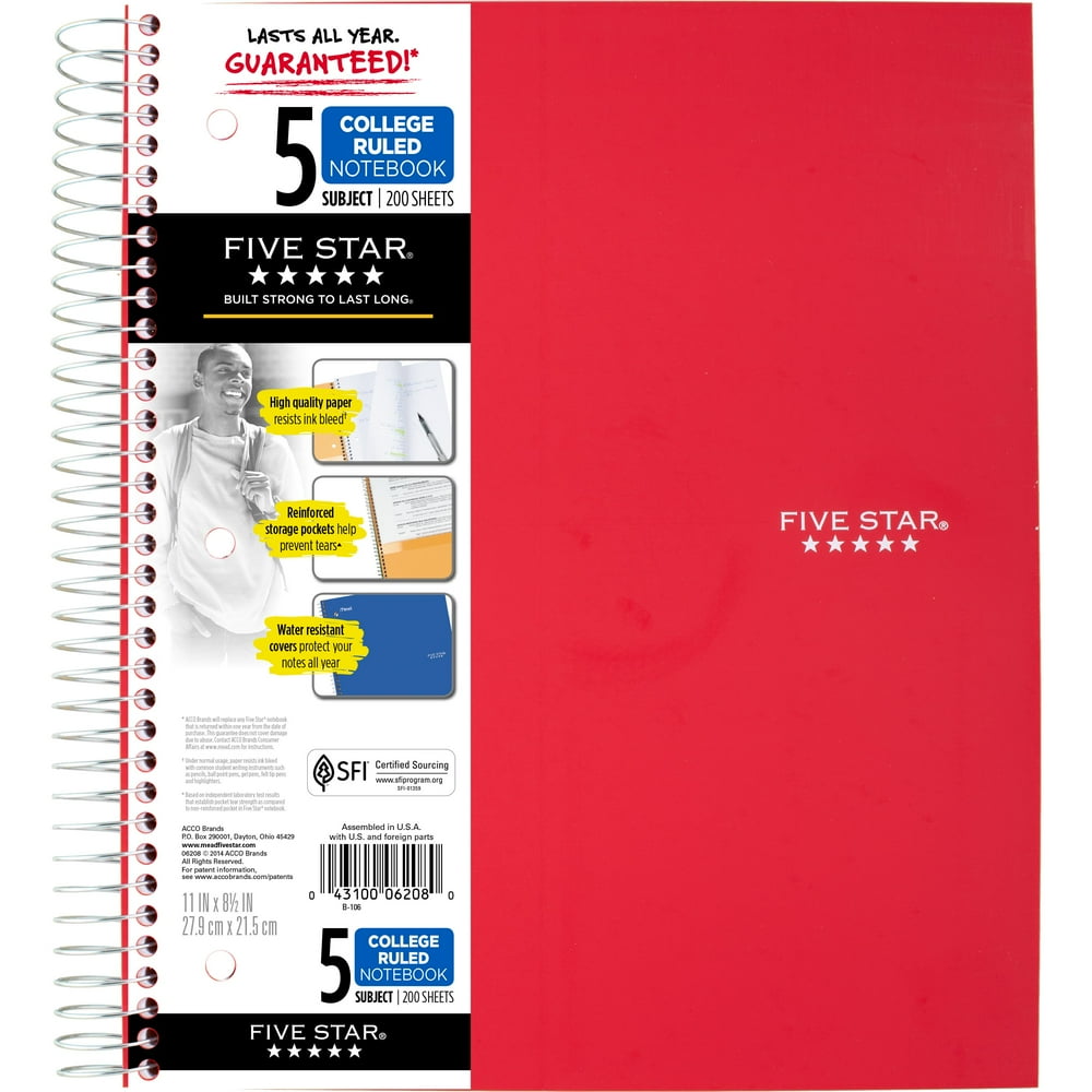 Five Star 5 Subject College Ruled Notebook, Red - Walmart.com - Walmart.com