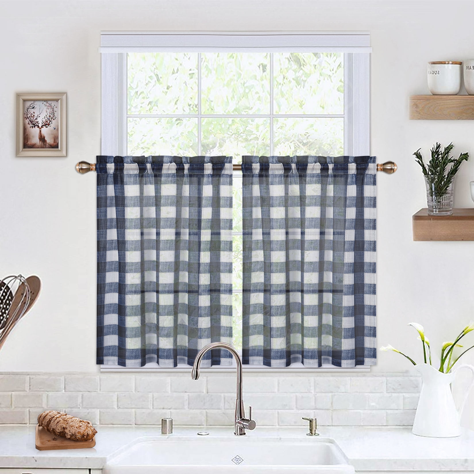 Haperlare Small Kitchen Sheer Curtains 36 inches, Navy Blue Checkered ...