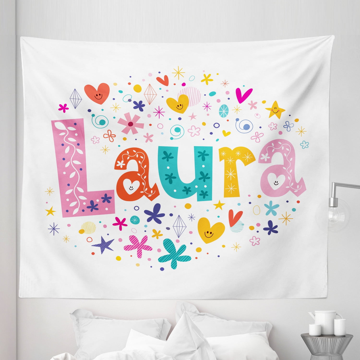 Laura Tapestry, Girl Name with Vintage Doodle Style Flowers and Stars ...