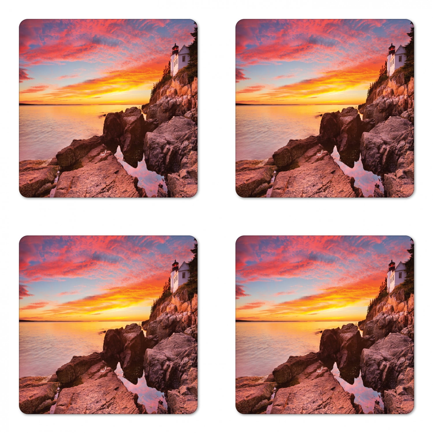 National Parks Coaster Set of 4, Lighthouse on the Harbor Sea Shoreline ...