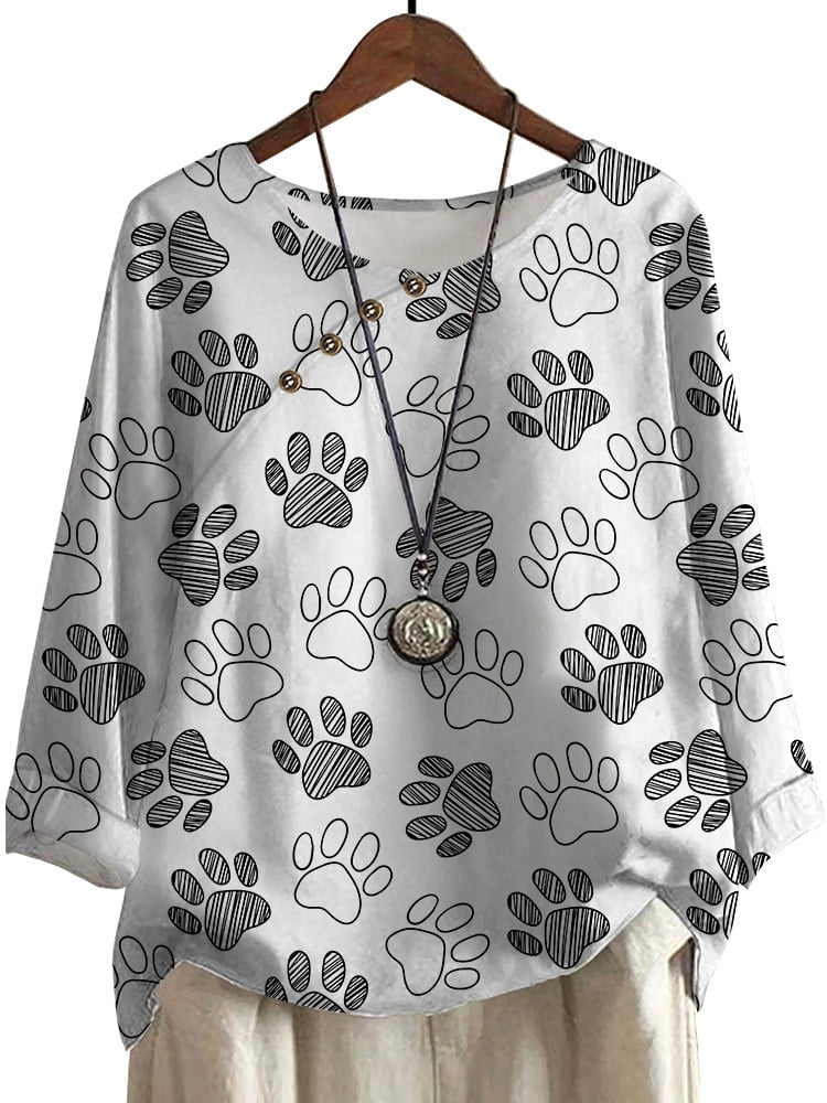 CLOOCL Women Oversized Blouse Animal Dog Paw Graphics Print Button ...
