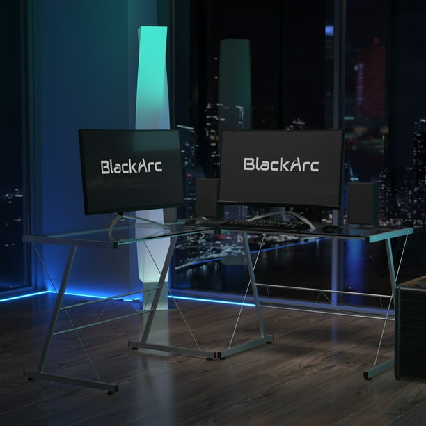 BlackArc L-Shaped Gaming Desk with 83.5" Diagonal Width Clear Tempered ...