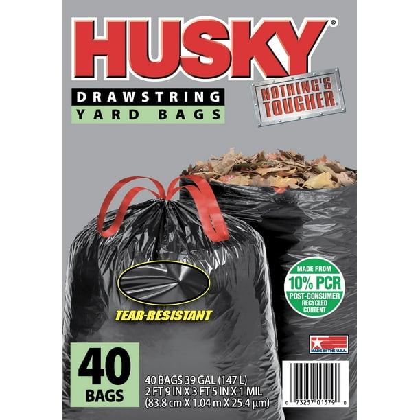 Husky Yard Drawstring Black Bags, 39 Gallon, 40 Bags (10% PCR ...