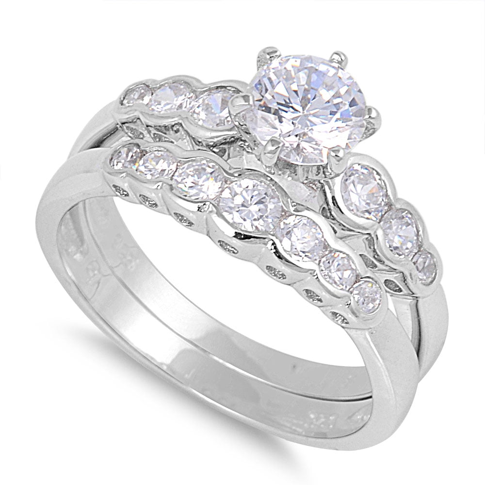 Round Center with Round Stones Cubic Zirconia Wedding Set Ring Sterling ...