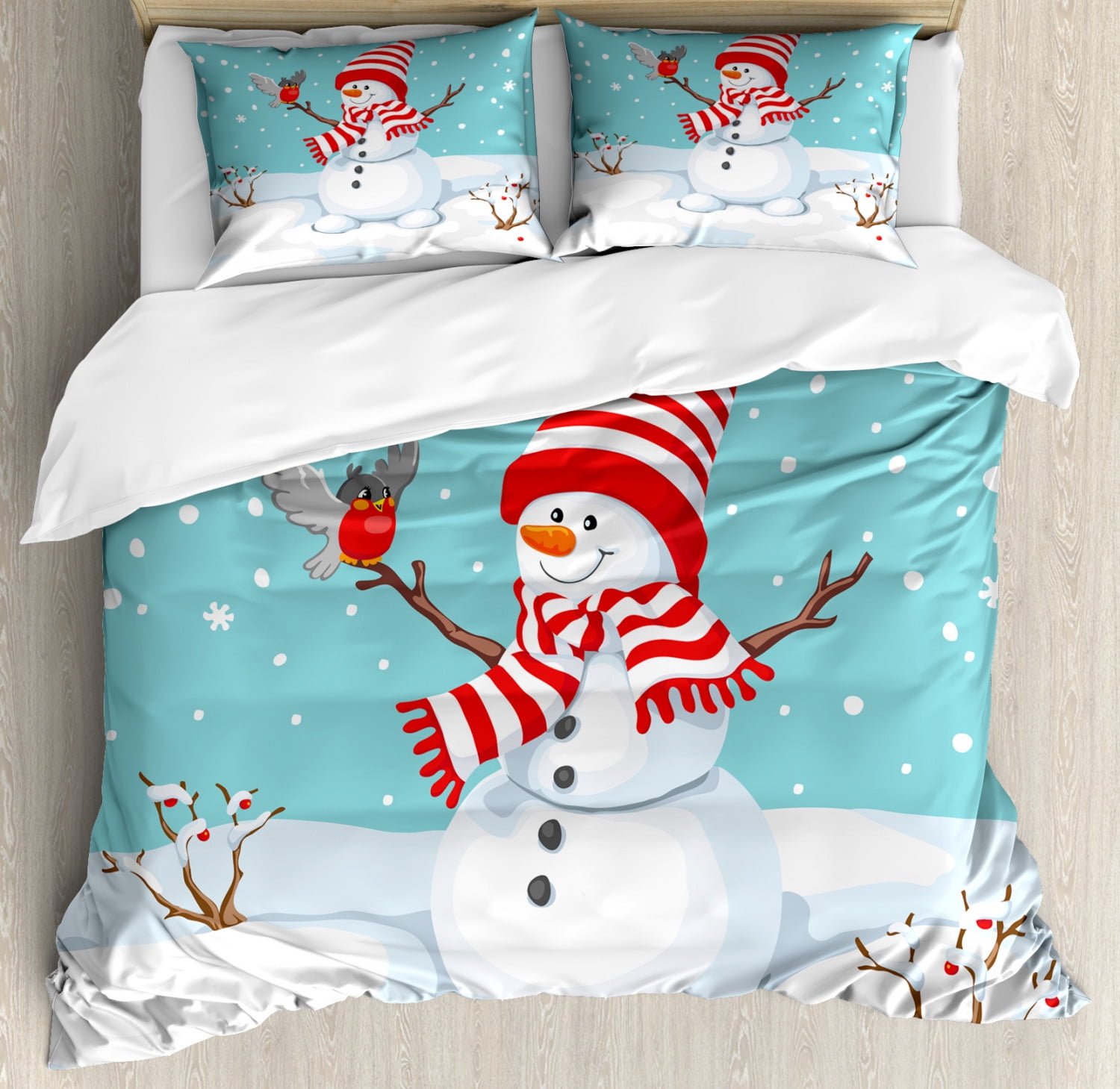 Snowman Duvet Cover Set King Size, Winter Time Snow Silhouette with a ...