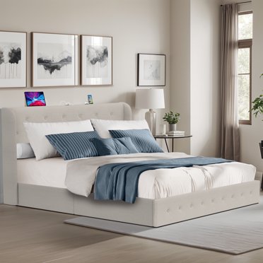 "HOWE Queen Size Platform Tufted Fabric Bed Frame, 61"" Headboard ...