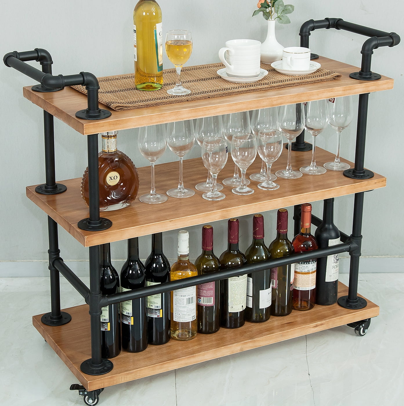 Industrial Wood and Metal Wine Rack with Wheels Kicthen Bar Dining Room ...