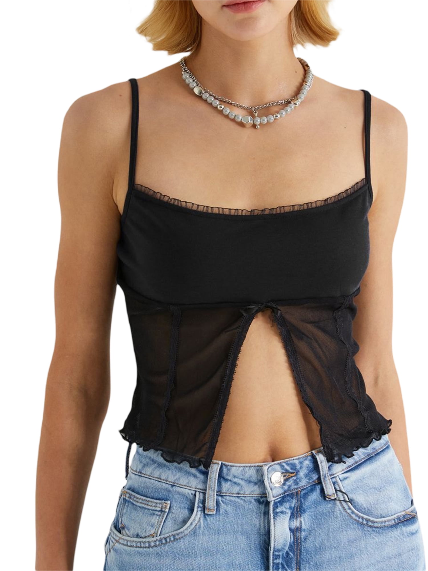 Wassery Womens Mesh Crop Cami Tops Sleeveless Spaghetti Strap Solid
