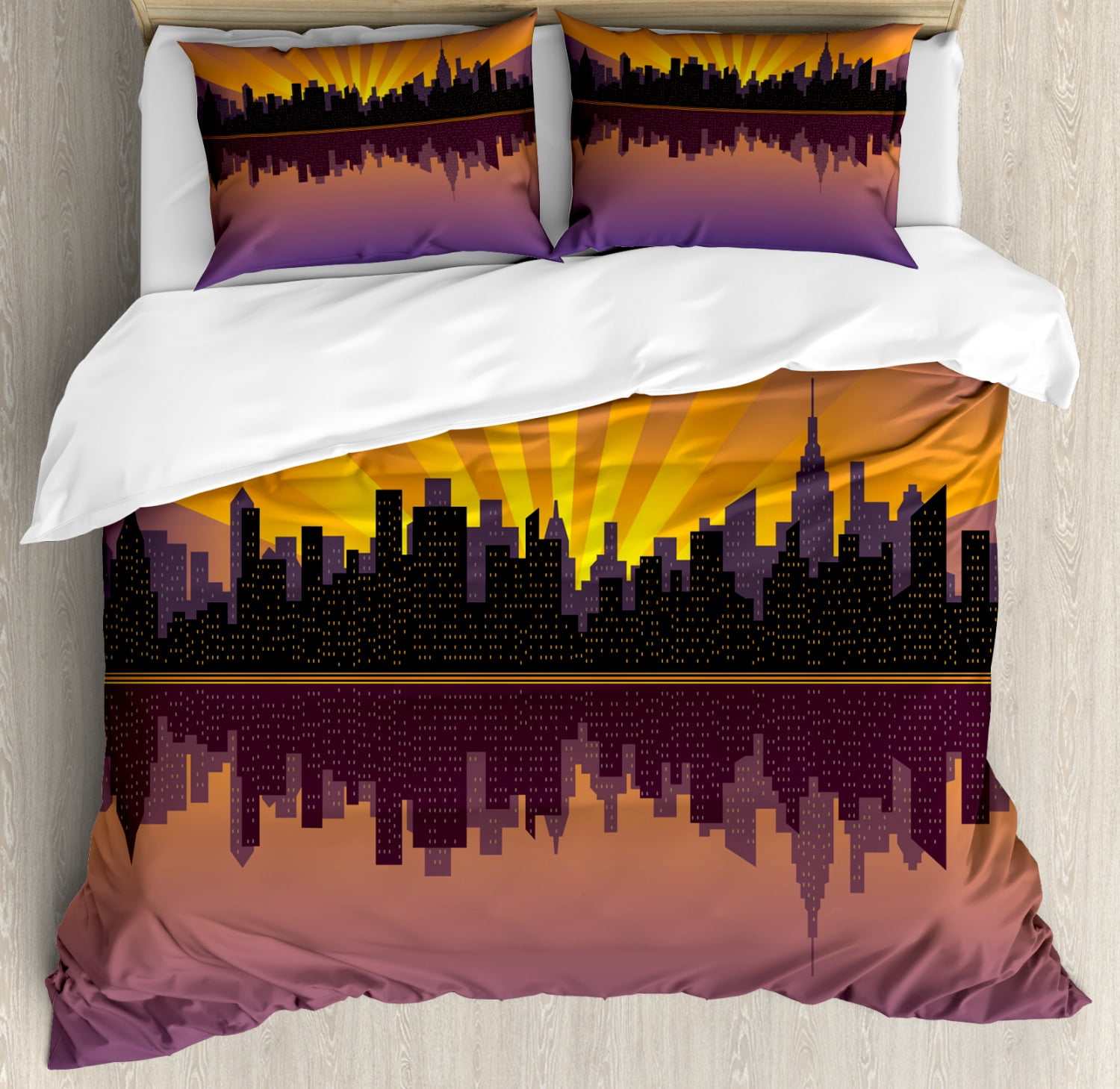 City Duvet Cover Set King Size, Silhouette of Manhattan from the East ...