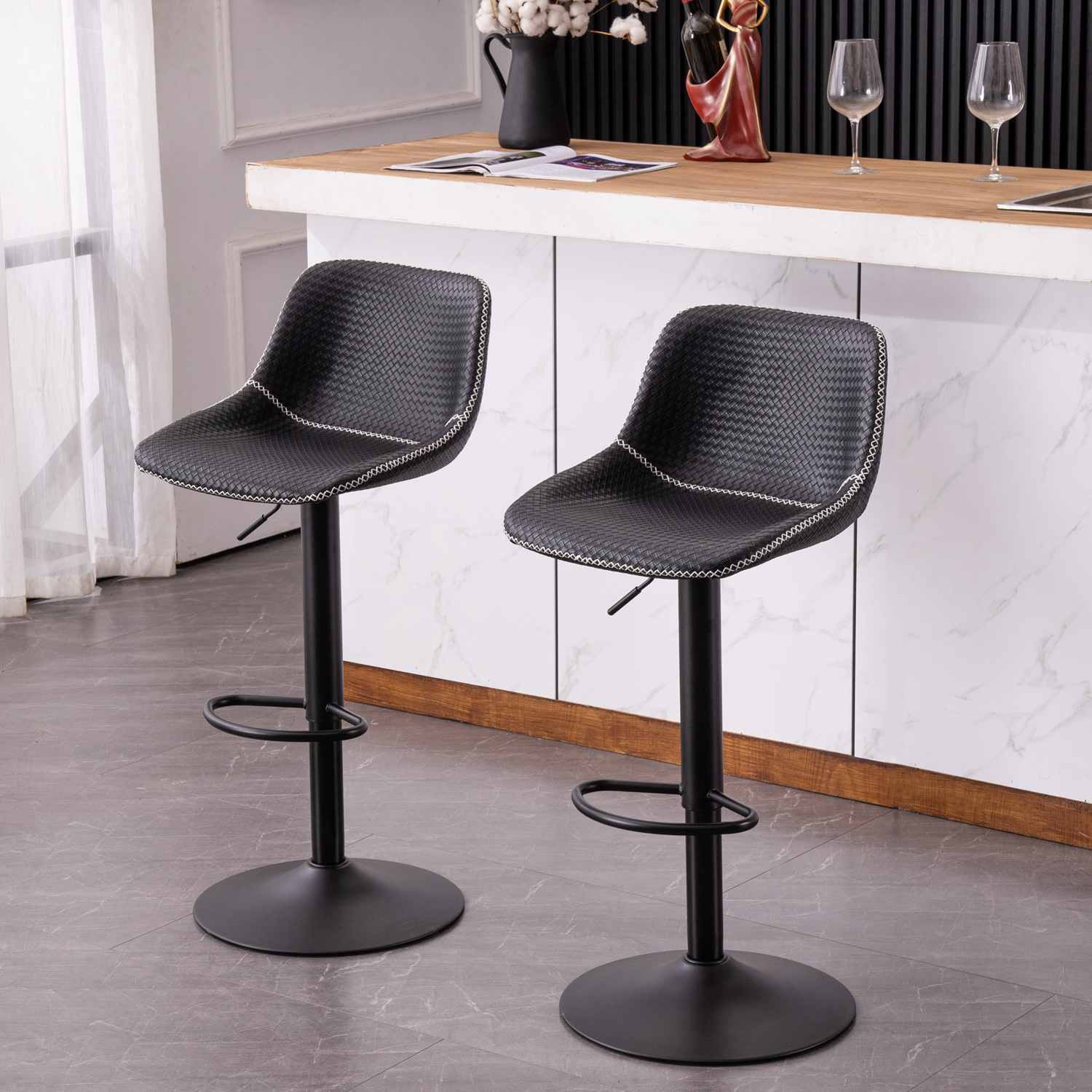 YOUNIKE Bar Stools Set of 2, Black Comfortable PU Leather Swivel ...
