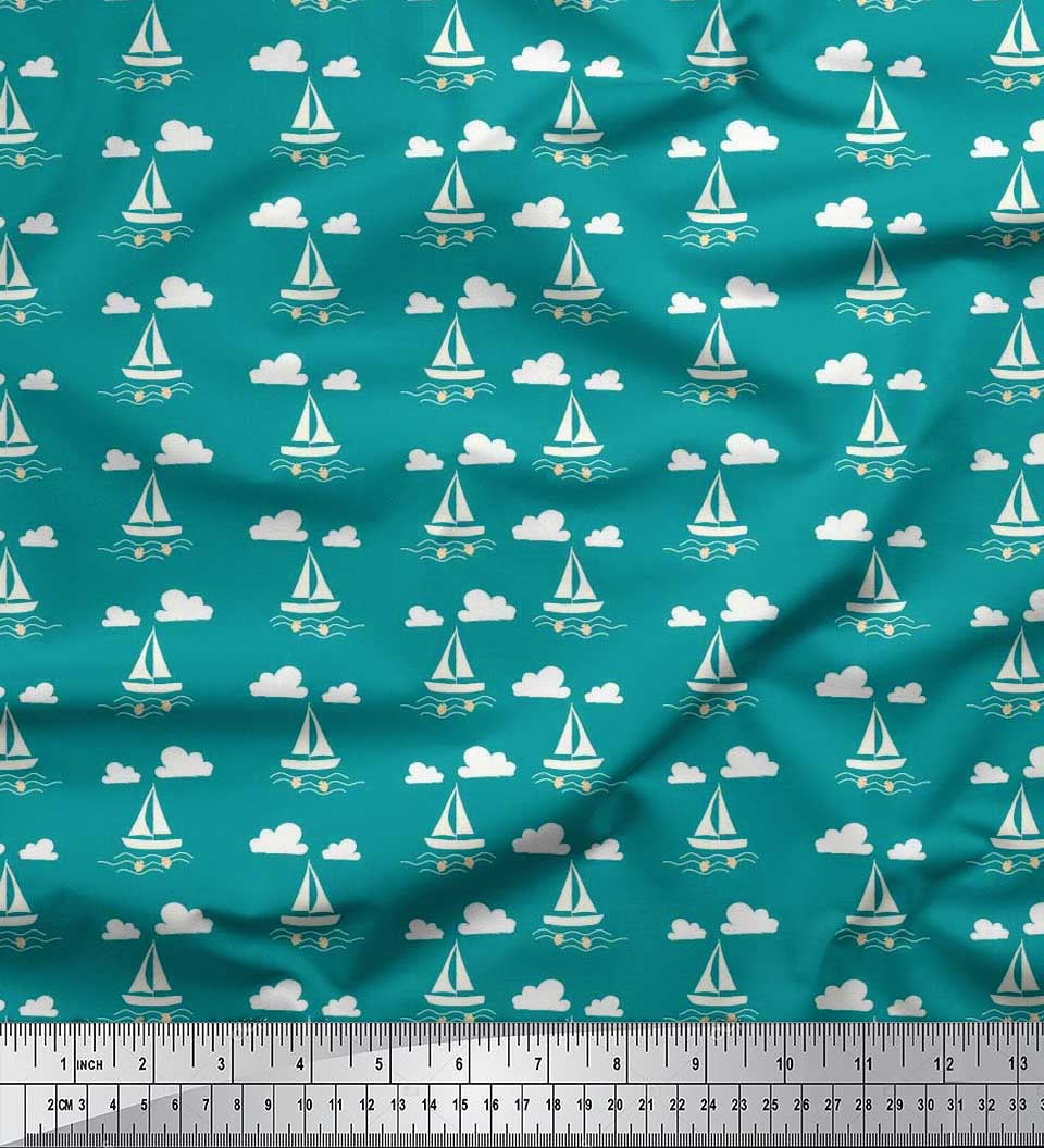 Soimoi Satin Silk Fabric Cloud,Fish & Yacht Nautical Print Fabric by ...