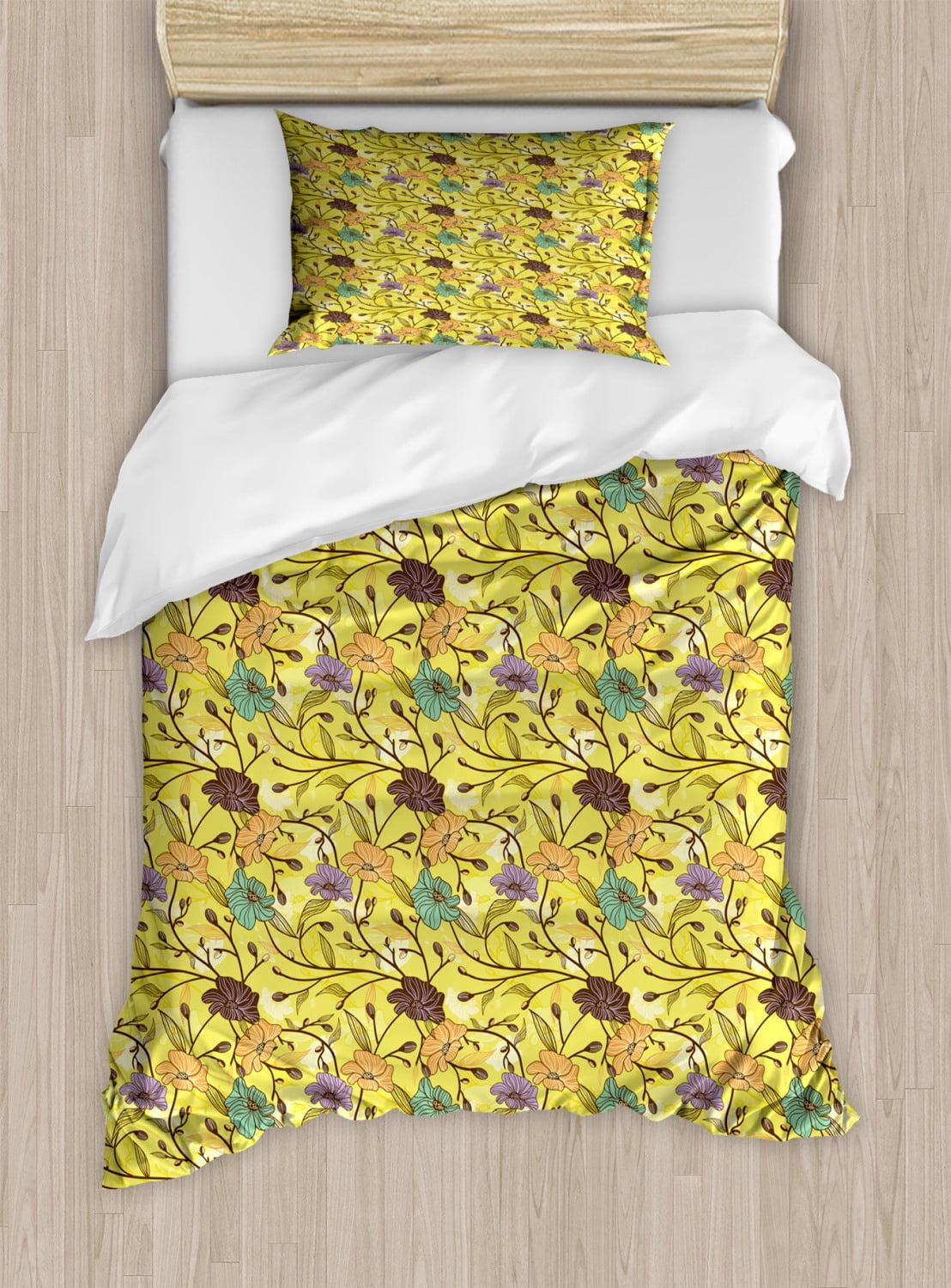 Botanical Twin Size Duvet Cover Set, Blooming Flowers on Swirling ...