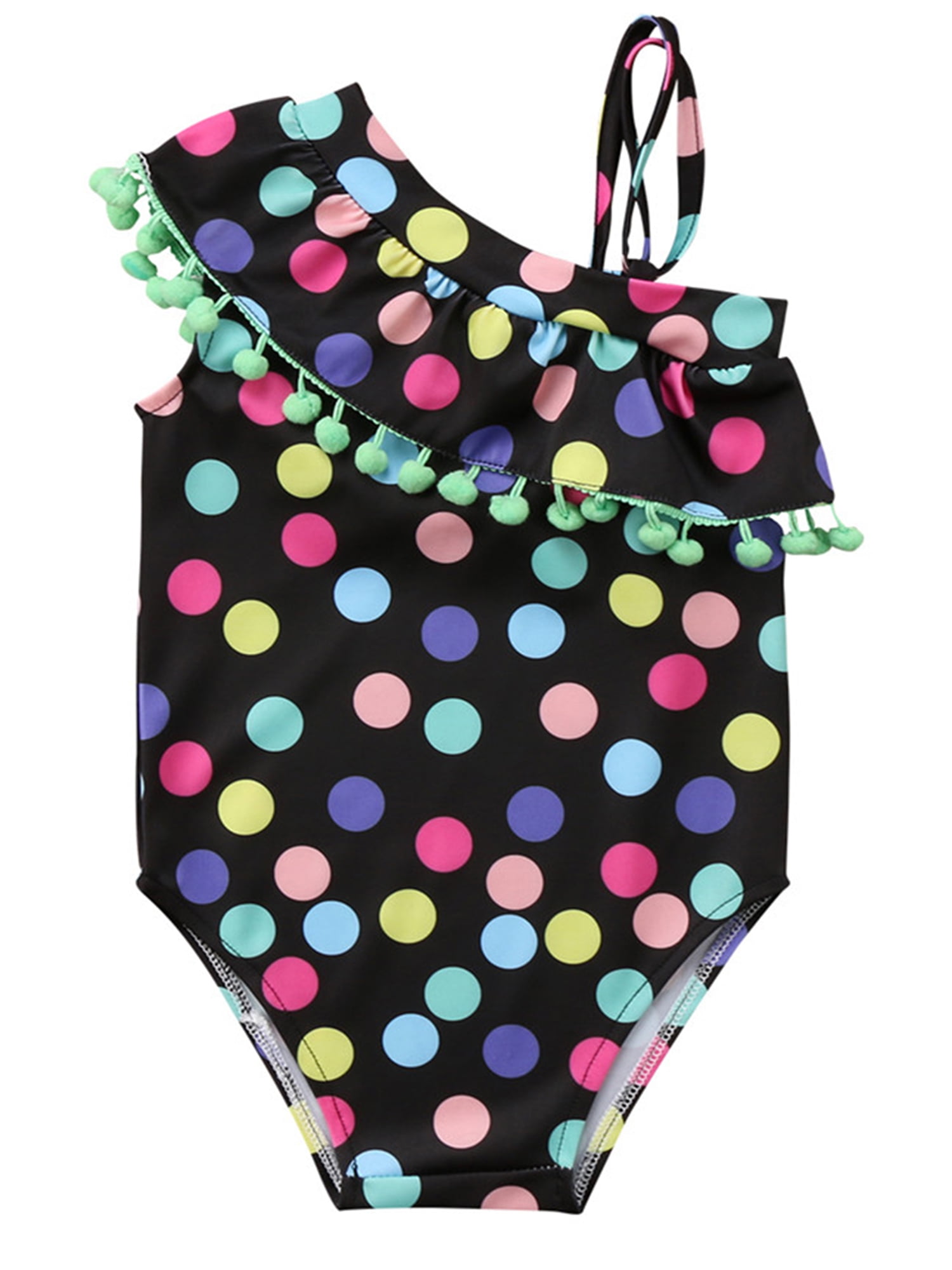 Little Girls Polka Dots One Shoulder Pom Pom Trims One-Piece Swimsuit ...