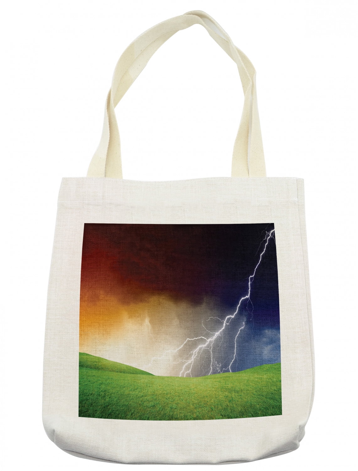 Nature Tote Bag, Nature Landscape with Fresh Grass Field and Thunder ...