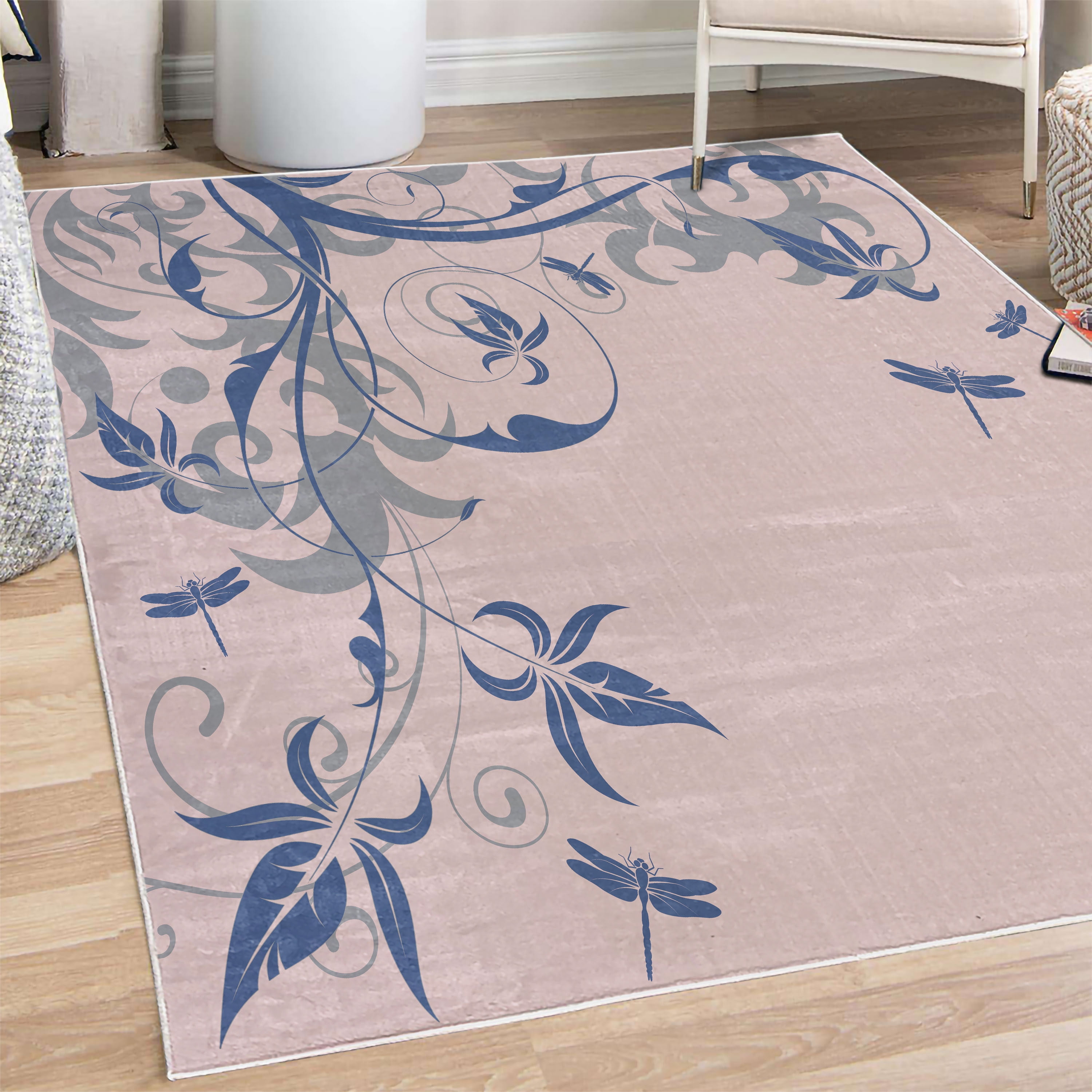 Dragonfly Decorative Rug, Swirled Floral Background Damask Curl ...