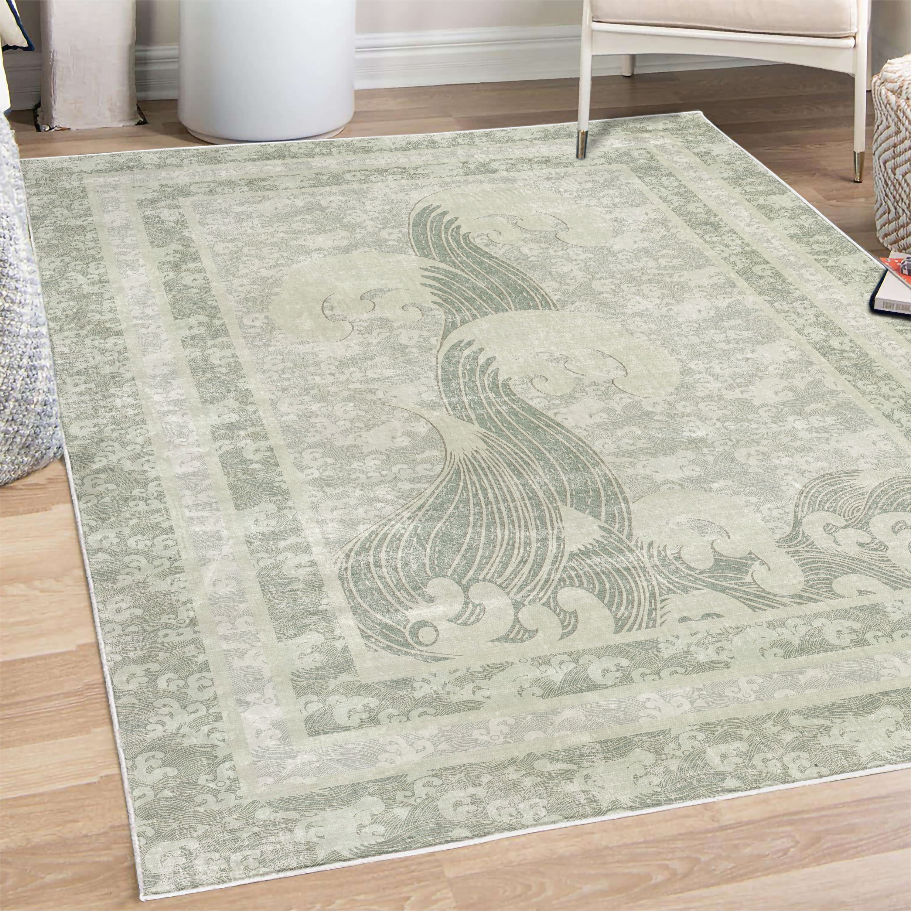 Asian Decorative Rug, Pastel Ethnic Japanese Waves Pattern Curving ...