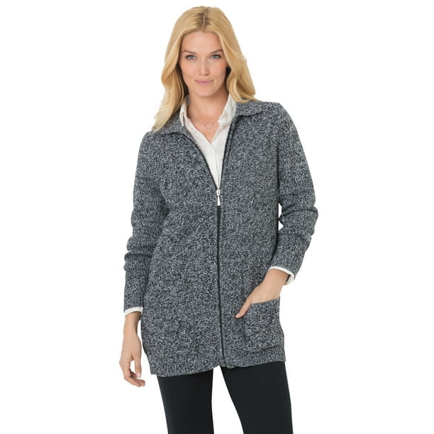 Woman Within - Woman Within Women's Plus Size Marled Zip-Front Cable ...