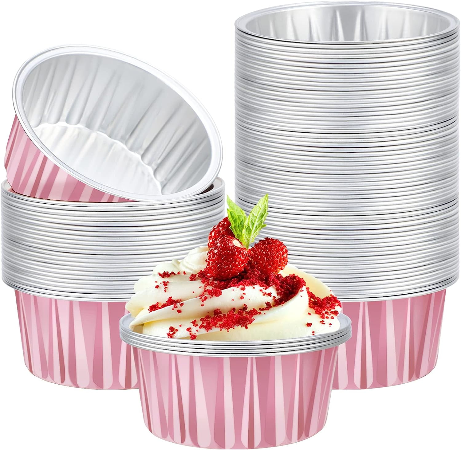 Ramekins Disposable Foil, 100pcs 5oz Baking Cups Pink Cupcake Liners ...