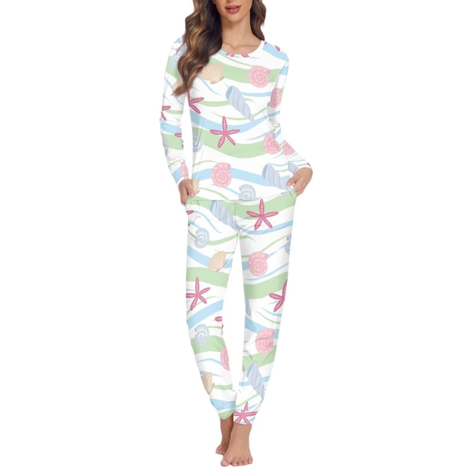 Renewold Pajamas for Women Sweatpants Seashell Starfish Print Sleep Set ...