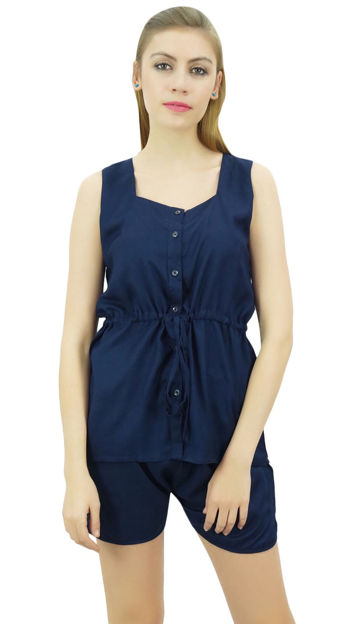 Bimba Womens Drawstring Solid Navy Blue Pj Set Buttondown Shirt Shorts ...