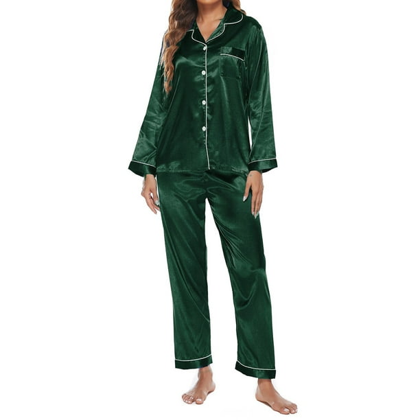 DAKIMOE Sleepwear Womens Silky Satin Pajamas Set Long Sleeve Nightwear ...
