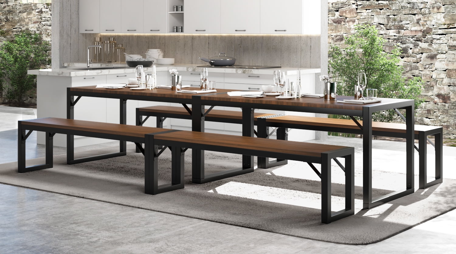 Allewie Modern 3-Piece Soho Dining/Kitchen Table Set with Benches ...
