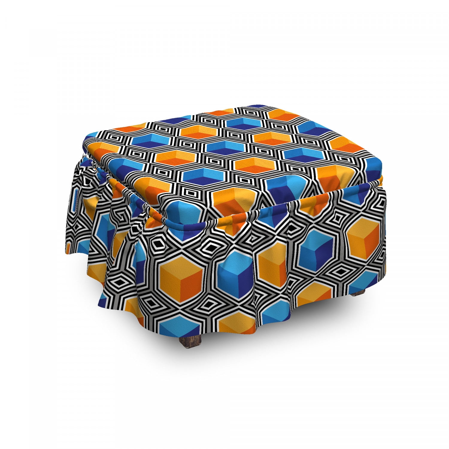 Abstract Ottoman Cover, Optical Illusion Rhombus, 2 Piece Slipcover Set ...
