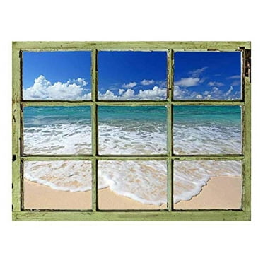 Large 3D Beach Sea Window Decal Wall Sticker, Exotic Beach View Art ...