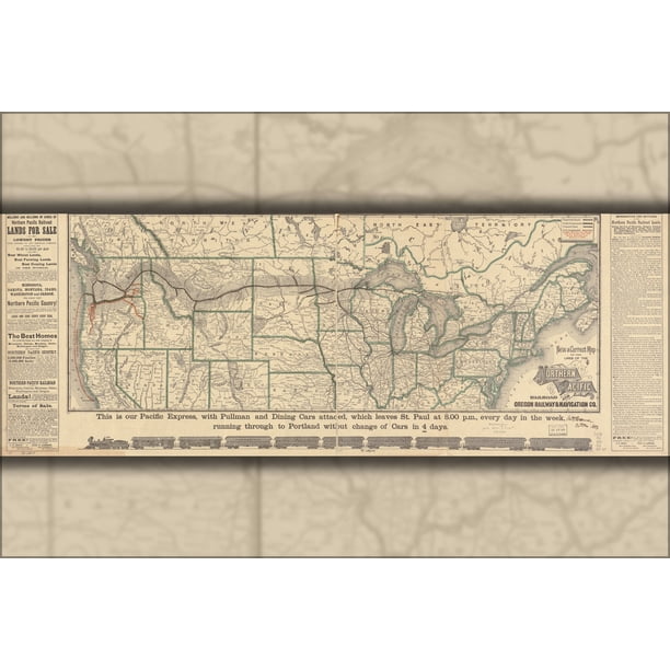 24"x36" Gallery Poster, map Northern Pacific Railroad Oregon Railway ...