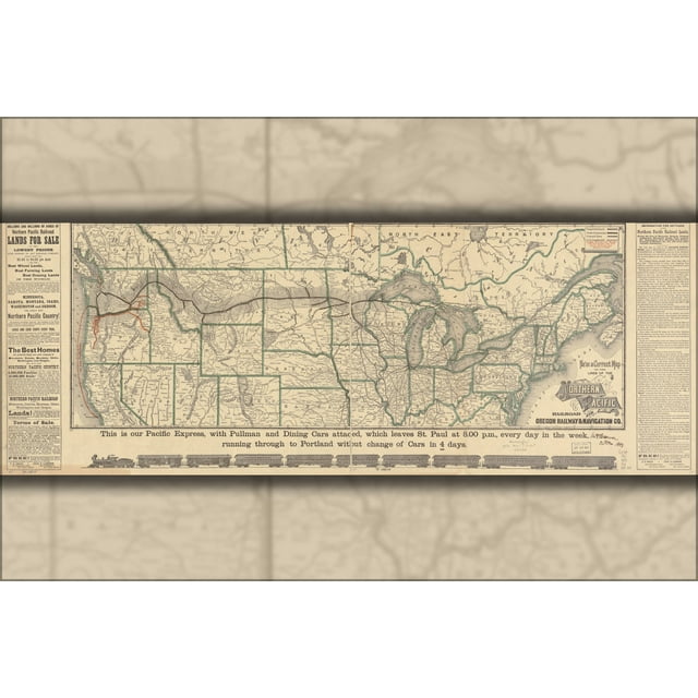 24"x36" Gallery Poster, map Northern Pacific Railroad Oregon Railway ...