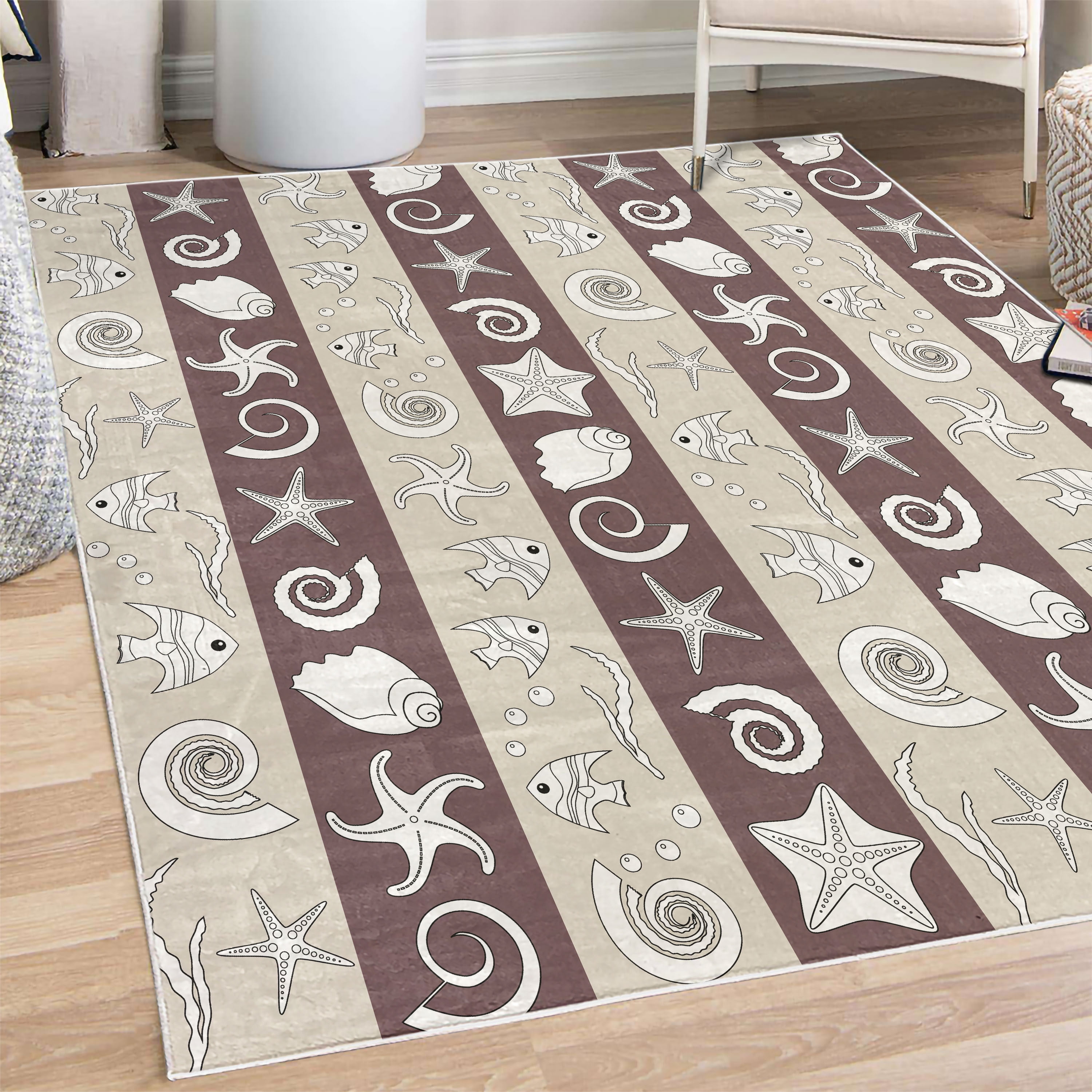 Nautical Decorative Rug, Marine Theme Sea Animals Fishes Shells on ...