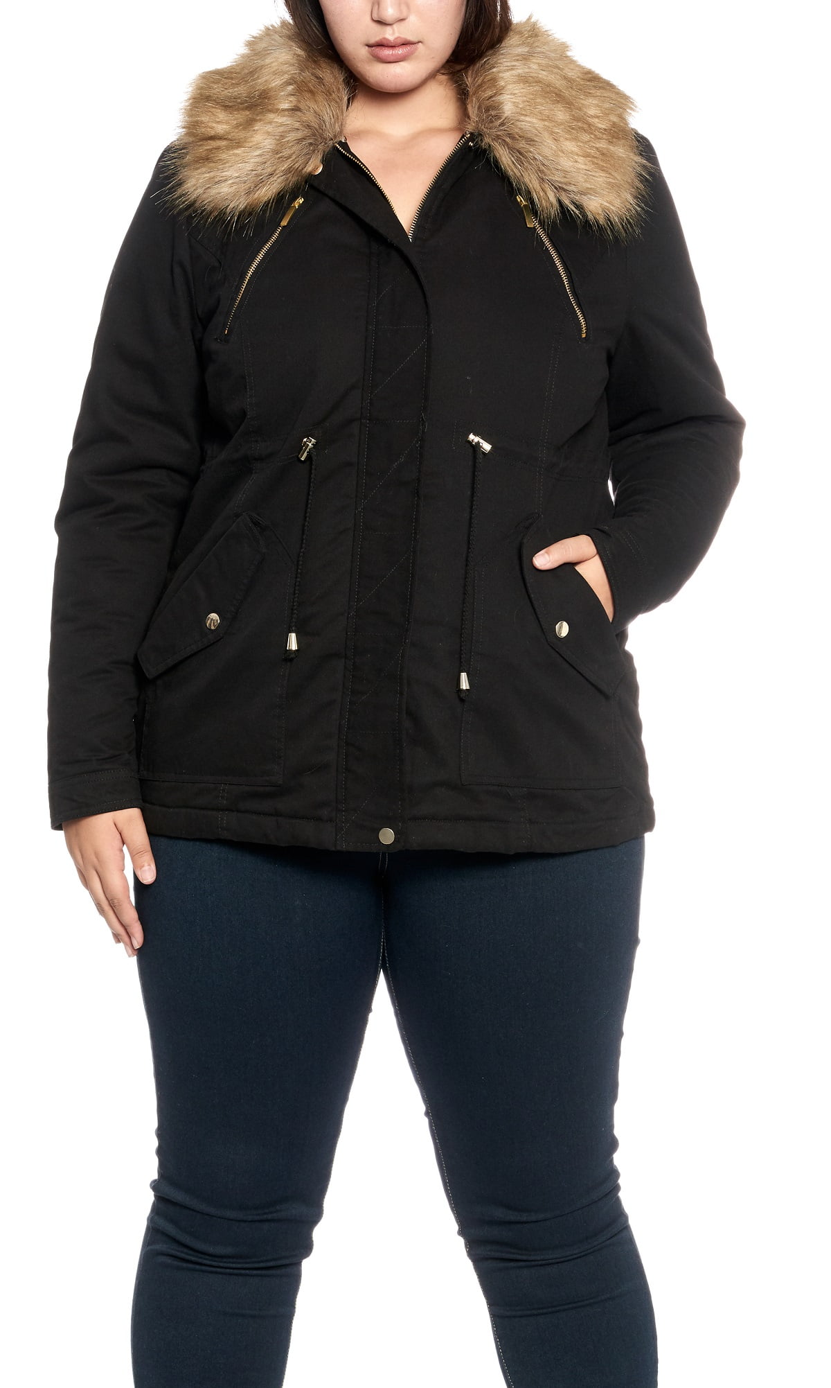 Lady's Plus Size Double-Closure Parka Jacket w/ Detachable Fur Trim ...