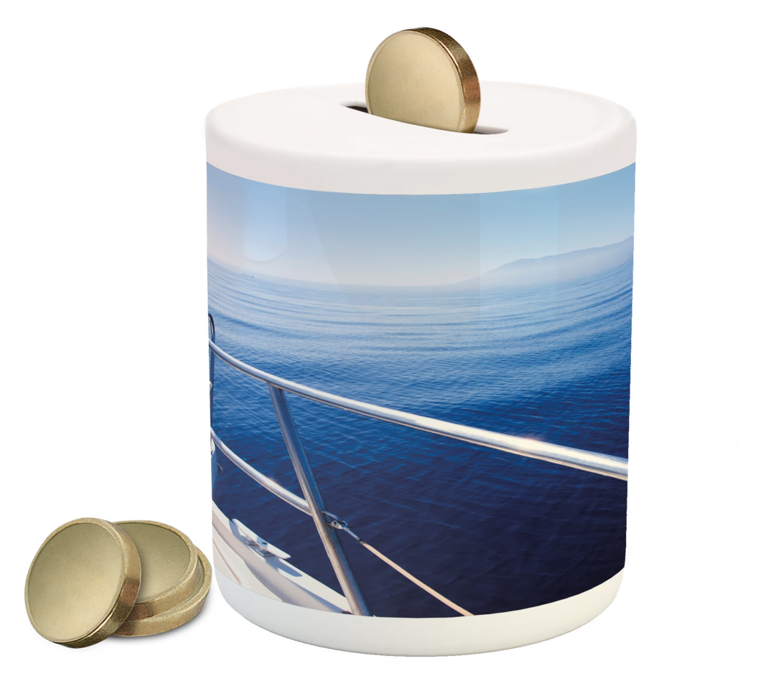 Navy Piggy Bank, Boat Show Ocean Sea Life with Ship Yacht Landscape of ...