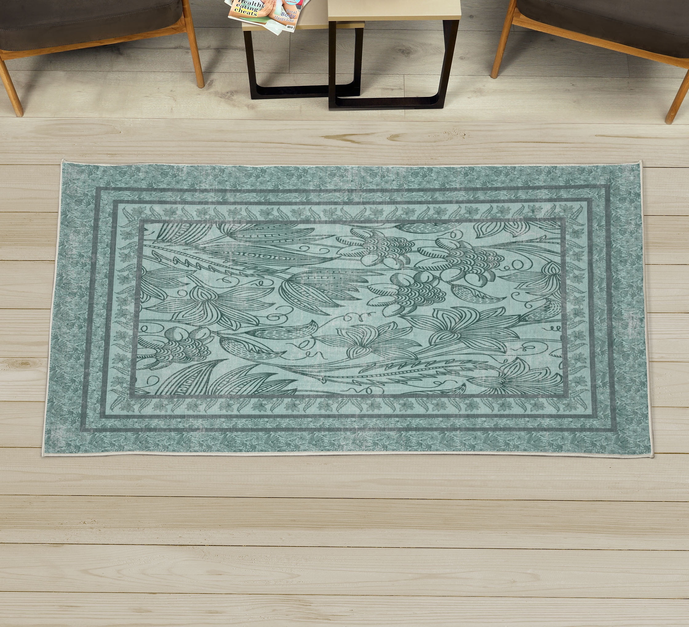 Garden Art Decorative Rug, Line Art Flowers Wild Meadow Blooms Nature ...