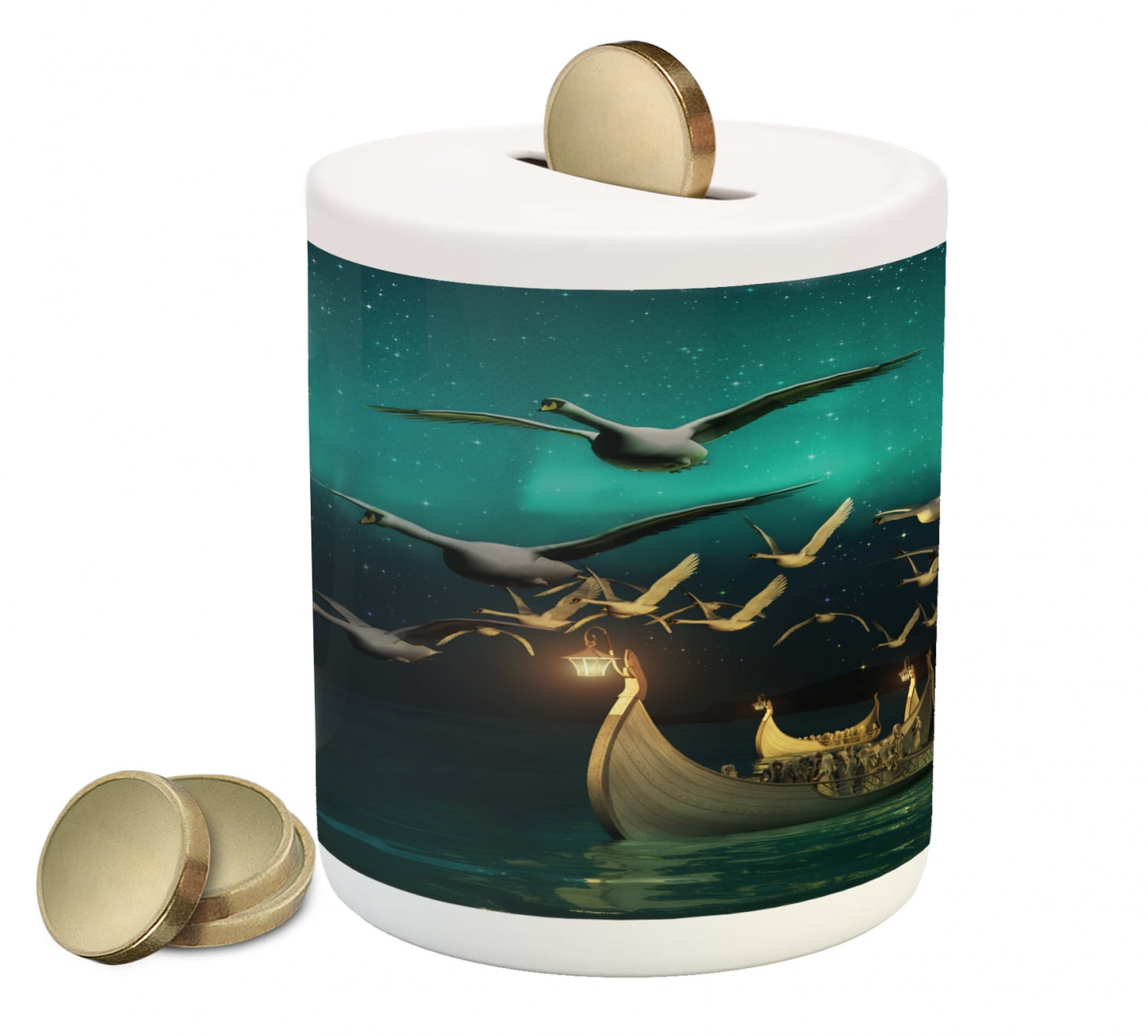 Fantasy Piggy Bank, Medieval Boats Birds Flying Adventure Illustration ...