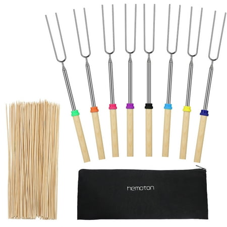 Hemoton 8pcs U-shaped Roasting Sticks Stainless Steel Telescopic Barbecue Forks Wooden Handle ...