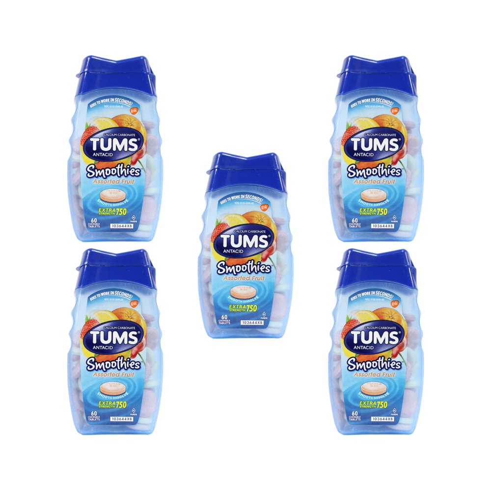 5 Pack - TUMS Smoothies Antacid/Calcium Supplement, Assorted Fruit, 60 ...
