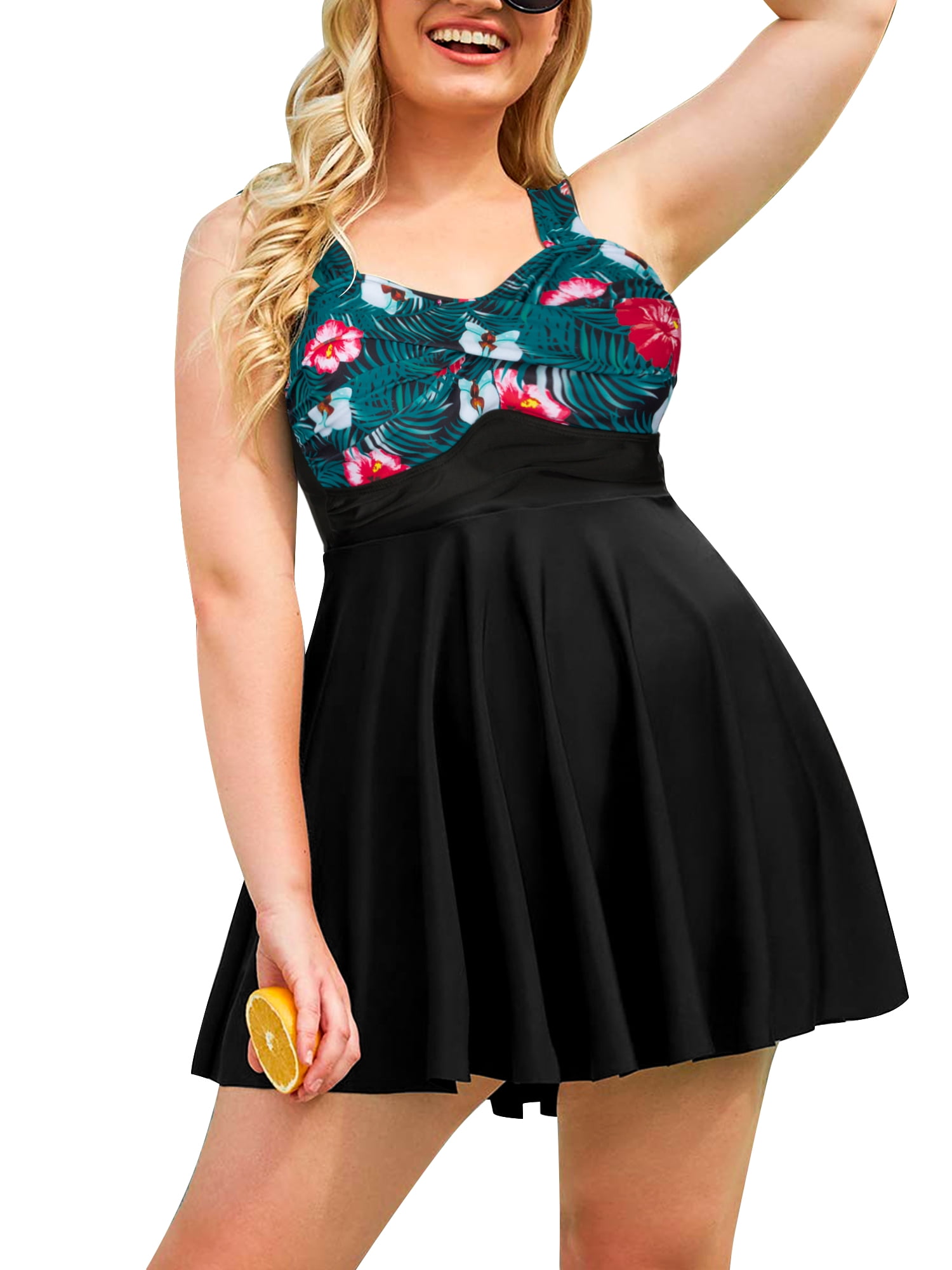 Womens Plus Size 2 Piece Empire Swimdress Bathing Suits Retro Flowy Tankini Swimsuits Swimwear