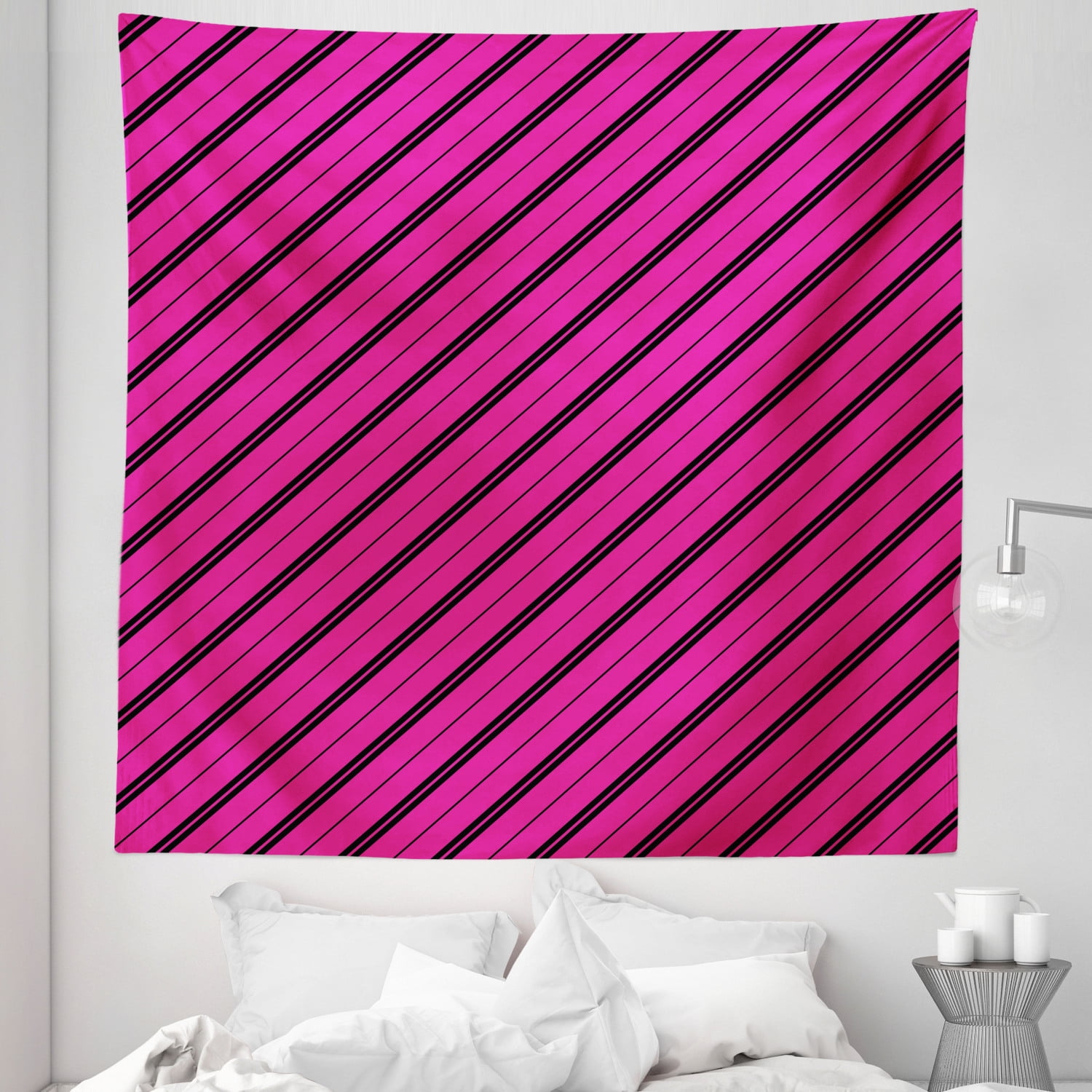 Hot Pink Tapestry, Diagonal Lines Black Stripes on Pink Backdrop ...