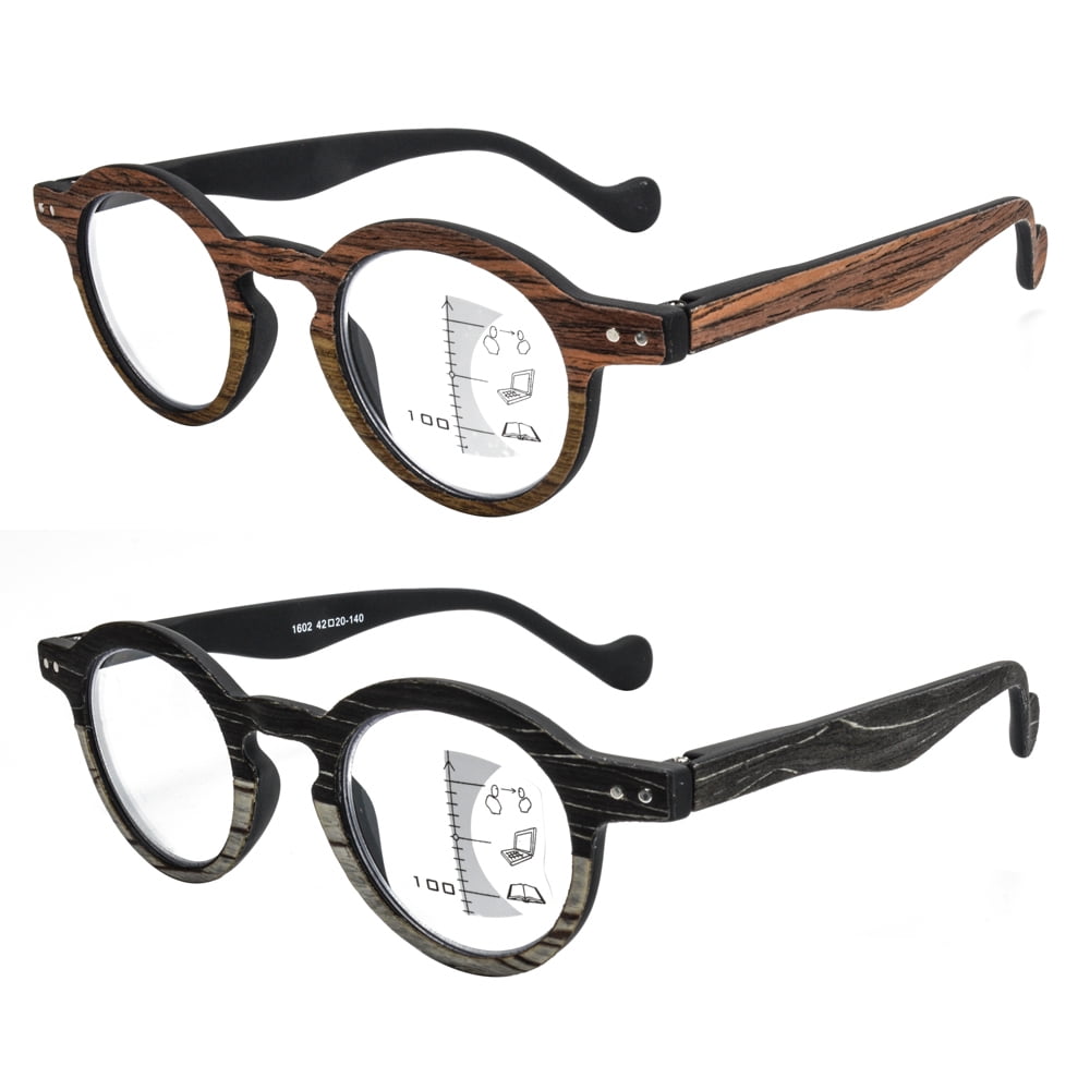 2 Pack Round Wood Grain Reading Glasses Progressive Readers Presbyopic ...