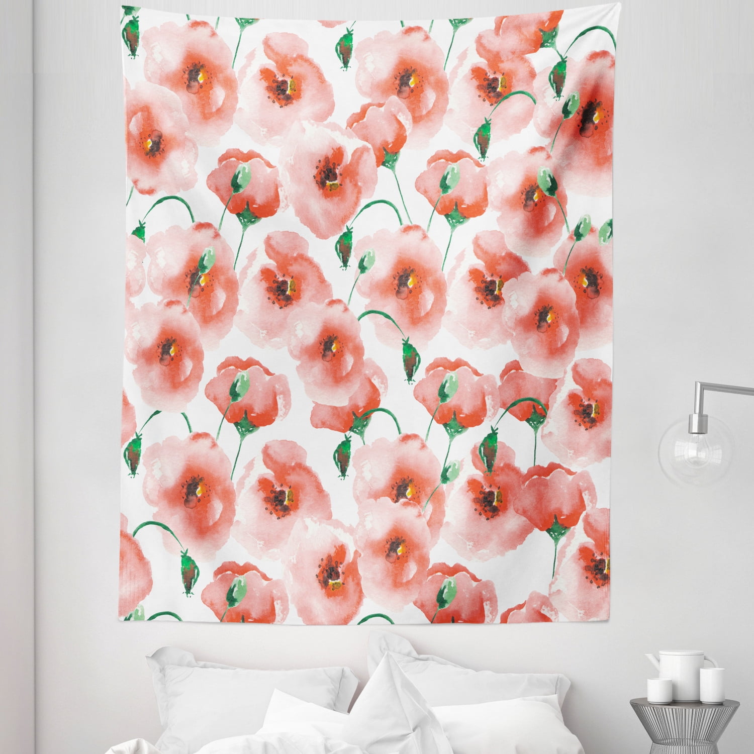 Poppy Flower Tapestry, Poppies Pattern Twigs Bouquet Ornament Soft ...