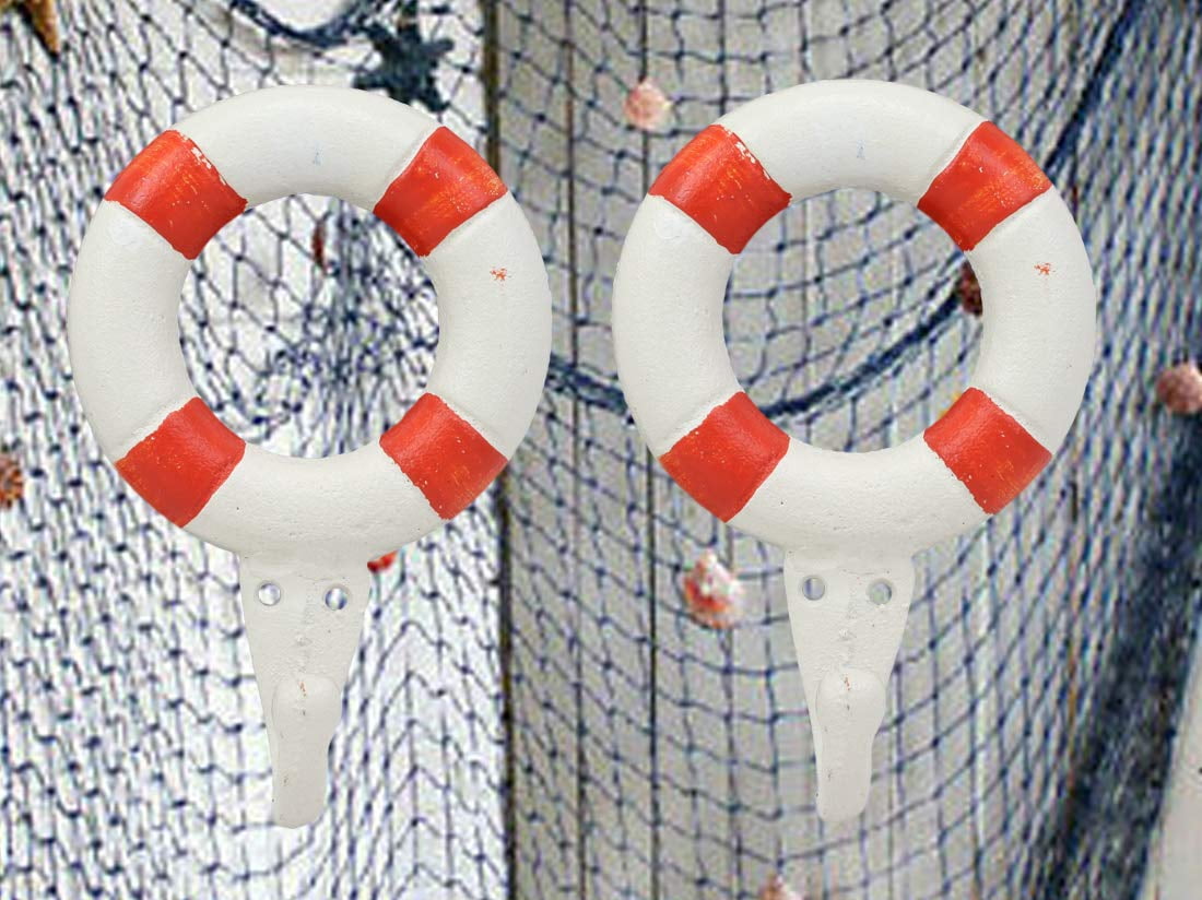 Ebros Cast Iron Lifeguard Life Ring Buoy White & Red Stripes Wall Hook ...