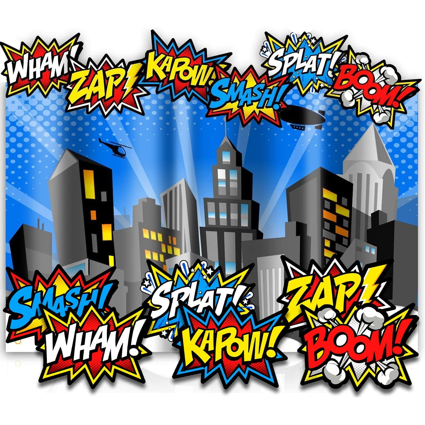 Superhero Party Supplies | Vibrant City Backdrop with 6 Super Hero Sign ...