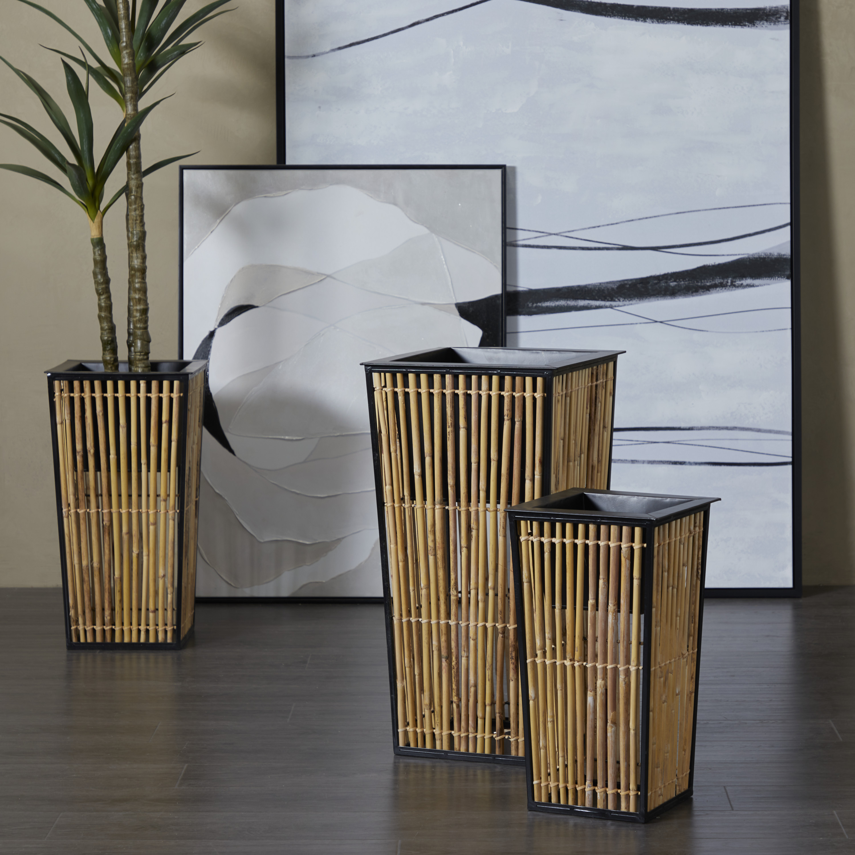 DecMode 27", 23", 19"H Handmade Slatted Frame Brown Wicker Planter with ...