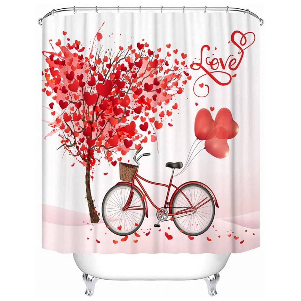 Valentines Day Shower Curtain Farmhouse Romantic Rose Gnome Couple Red