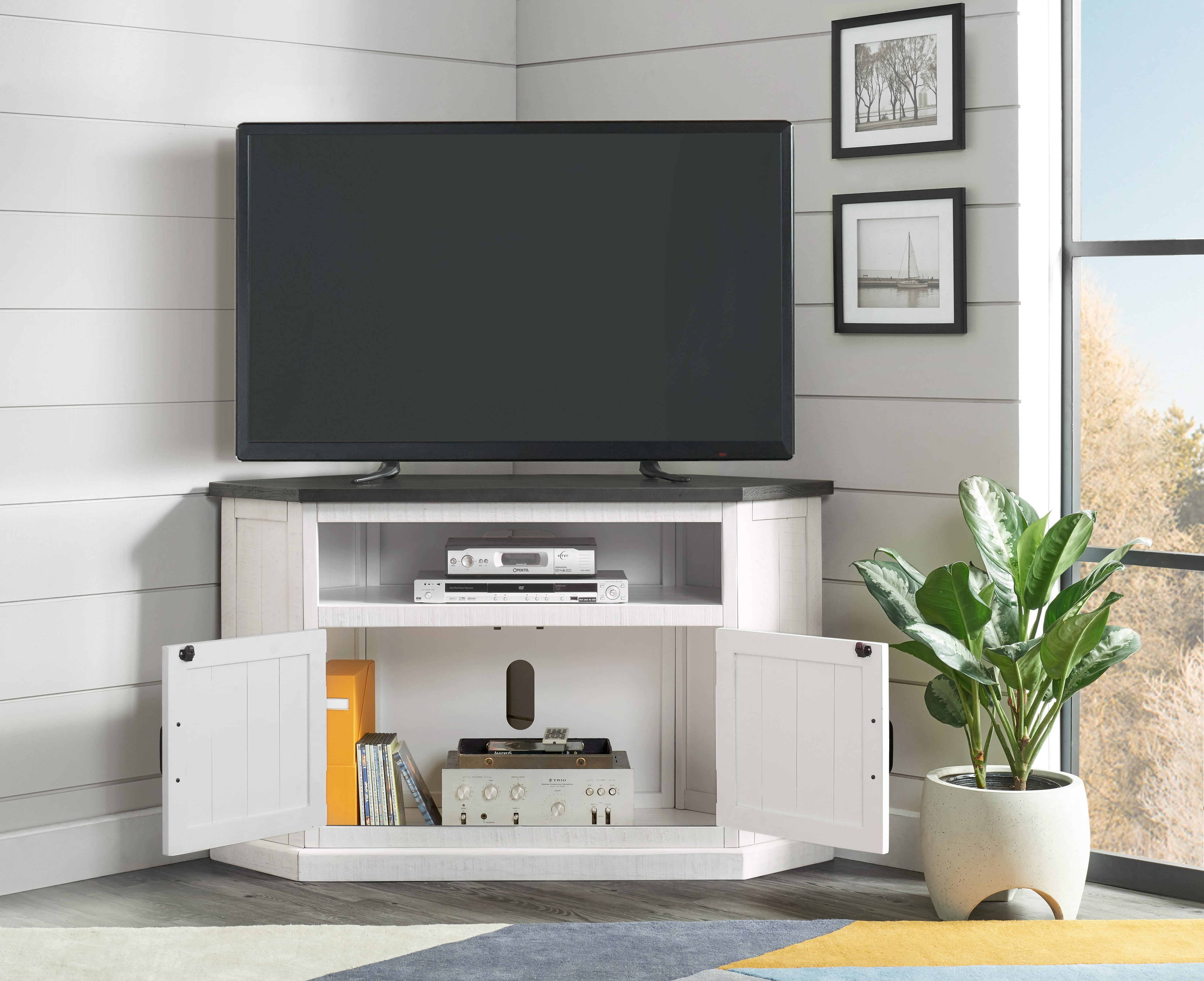 Martin Svensson Home Rustic Corner 50 Wood TV Stand White Stand with Grey Top