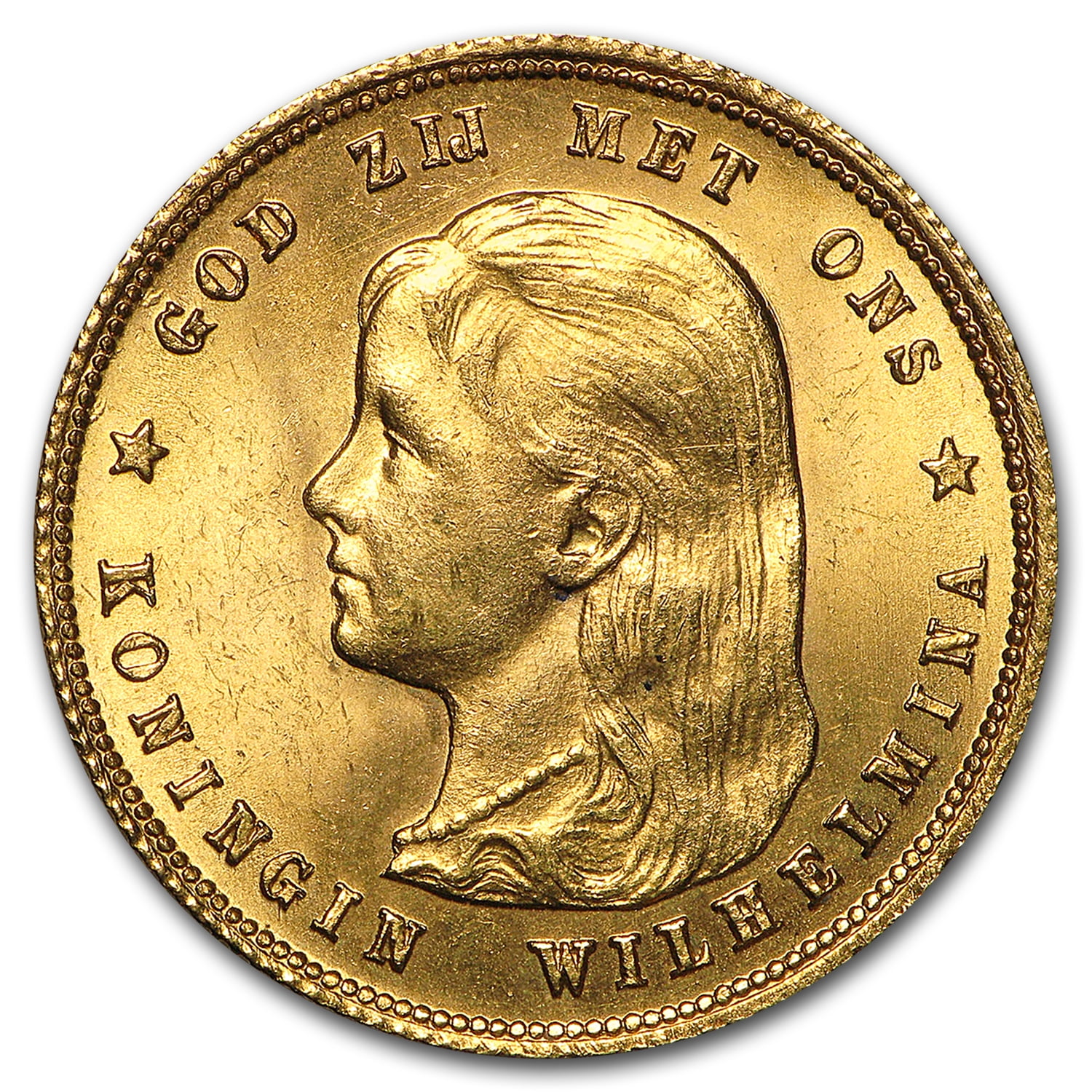 1897 Netherlands Gold 10 Guilder Wilhelmina Flowing Hair Avg Circ ...