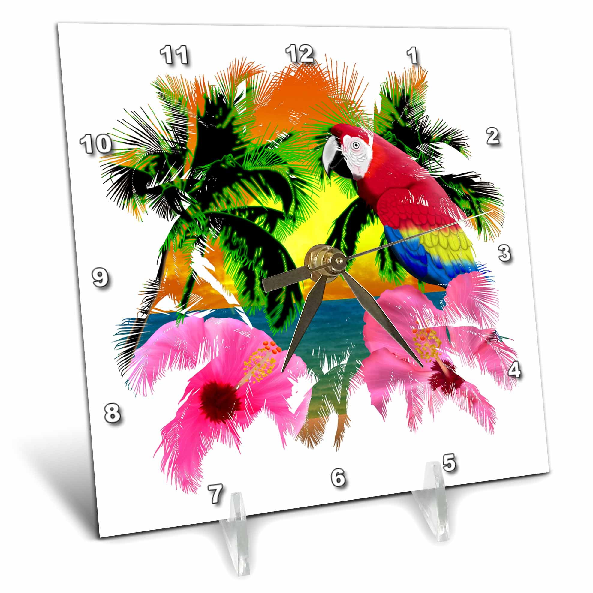 Beach design of a beach sunset, palm trees, and macaw parrot. 6x6 Desk Clock dc-295405-1 ...