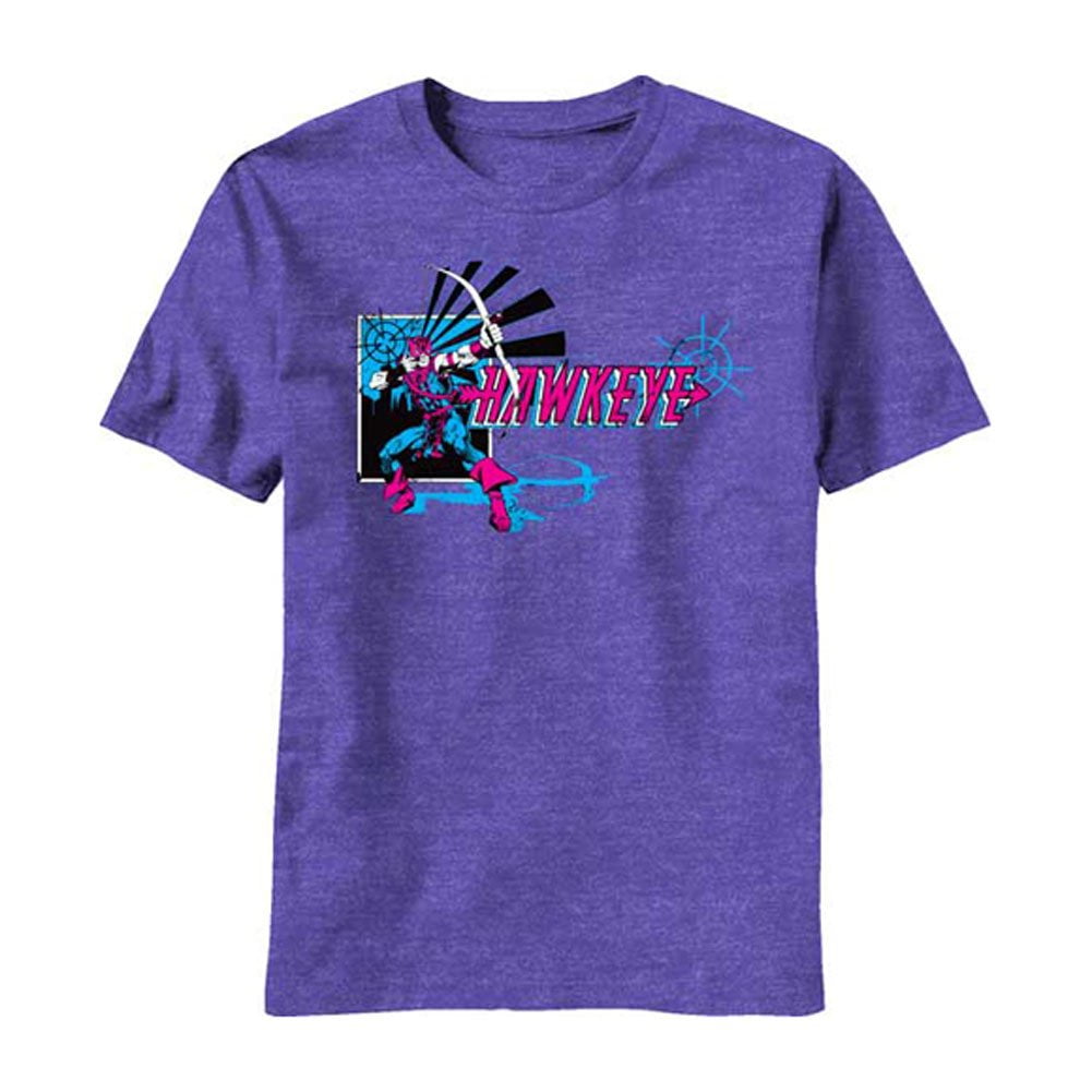 Hawkeye (Marvel Comics) Mens T-Shirt - Comic Shooting Beside Name Logo ...